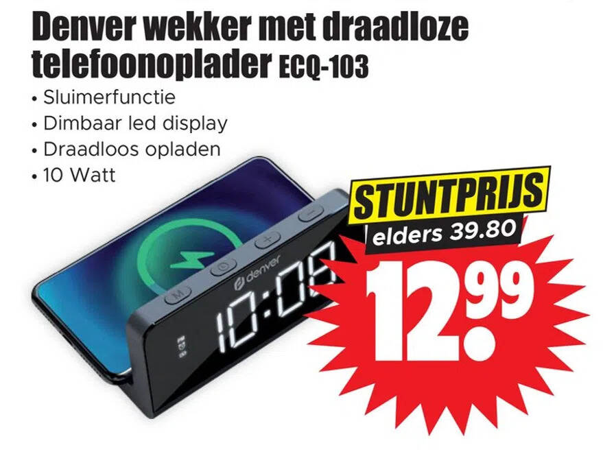 Denver wekker met draadloze telefoonoplader ECQ-103 aanbieding bij Dirk