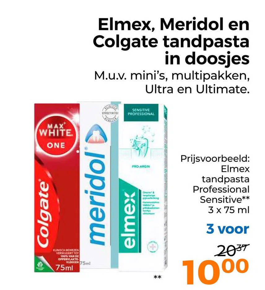 Elmex, Meridol en Colgate tandpasta in doosjes aanbieding bij Trekpleister