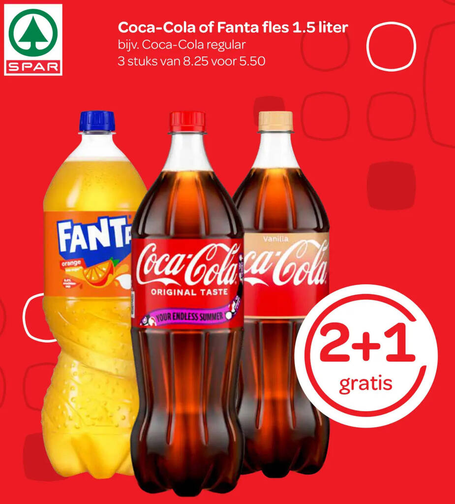 Coca-Cola of Fanta fles 1.5 liter 2+1 gratis aanbieding bij Spar