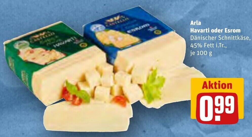 Arla Havarti oder Esrom je 100g aanbieding bij Rewe DE
