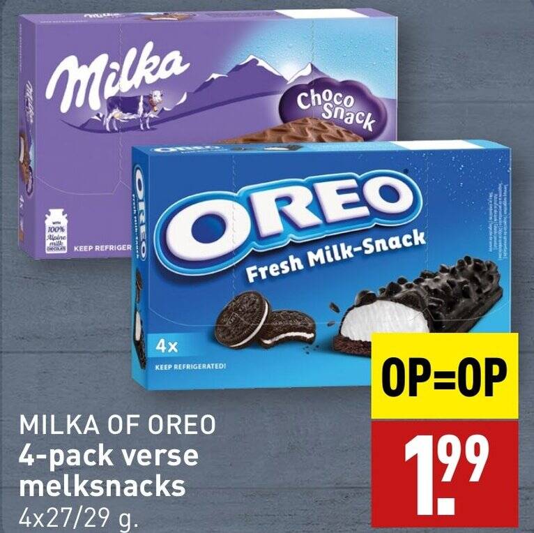 MILKA OF OREO 4-pack verse melksnacks aanbieding bij ALDI