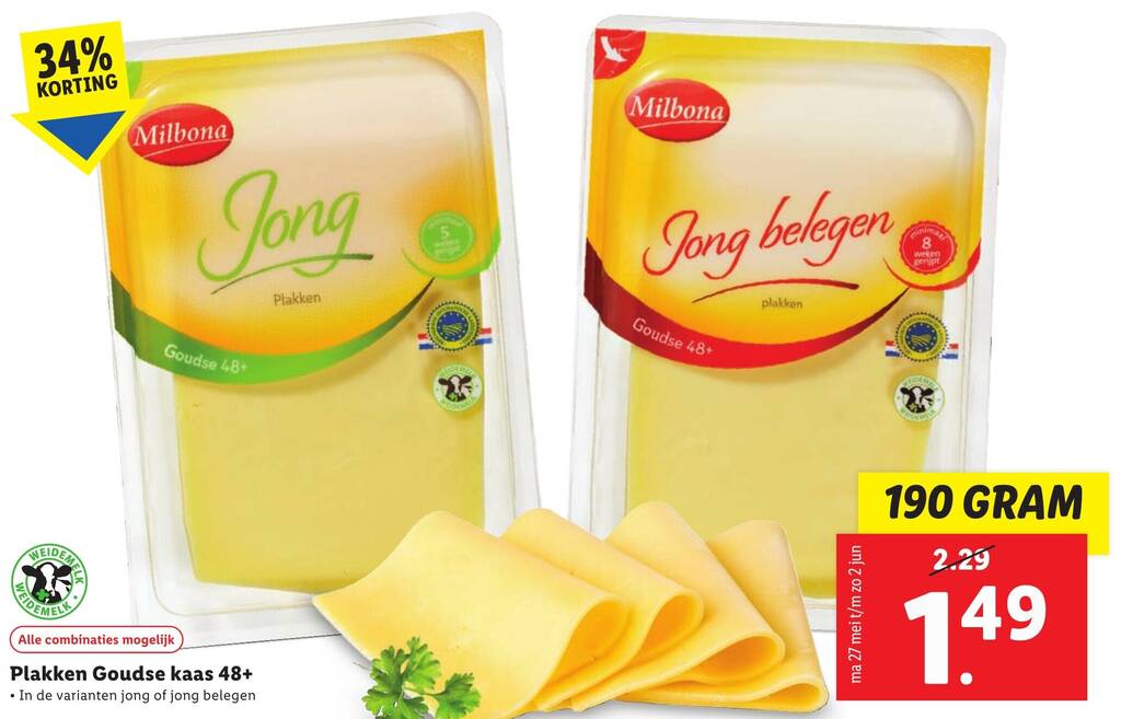 Plakken goudse kaas 48+ 190 gram aanbieding bij Lidl