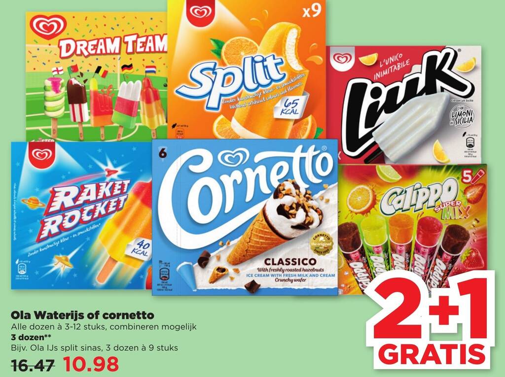 Ola Waterijs of cornetto 2+1 gratis aanbieding bij PLUS