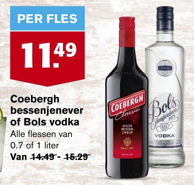 Coebergh bessenjenever of Bols vodka aanbieding bij Hoogvliet