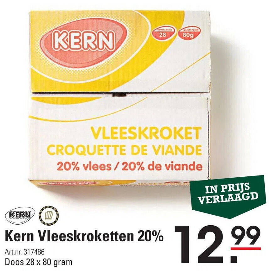 Kern Vleeskroketten 20% 28 x 80g aanbieding bij Sligro