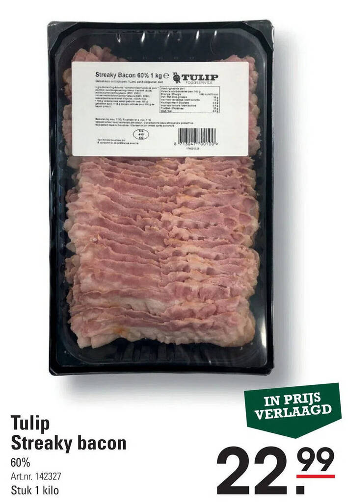 Tulip Streaky bacon 1 kilo aanbieding bij Sligro