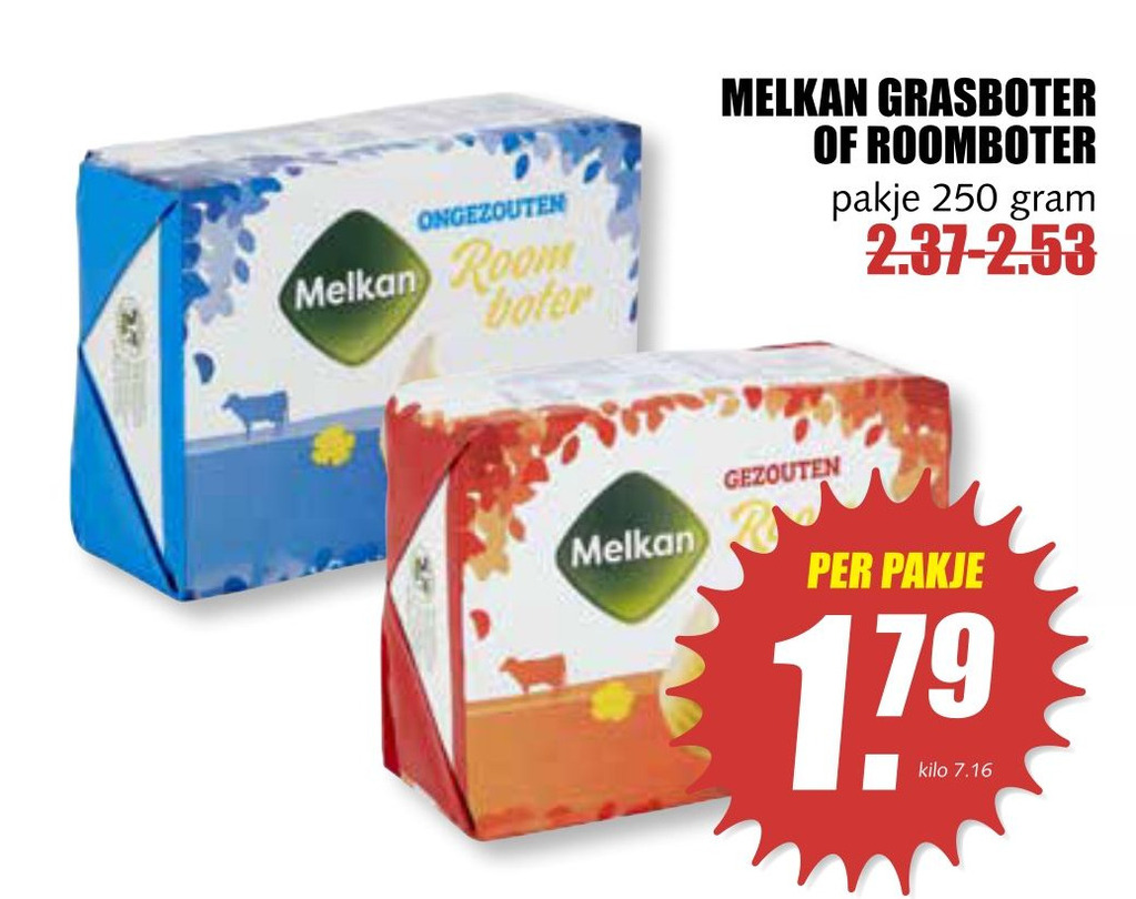 Melkan Grasboter Of Roomboter 250 gram aanbieding bij MCD Supermarkt