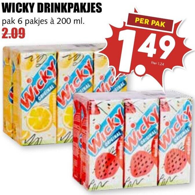 WICKY DRINKPAKJES 6 x 200 ml. aanbieding bij De Boerenschuur