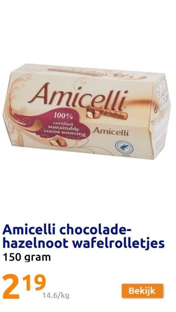Amicelli chocolade-hazelnoot wafelrolletjes 150g aanbieding bij Action