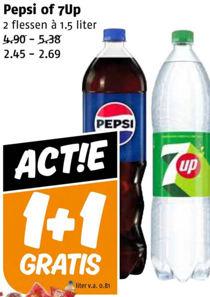 Pepsi of 7Up 2 x 1.5L 1+1 gratis aanbieding bij Poiesz