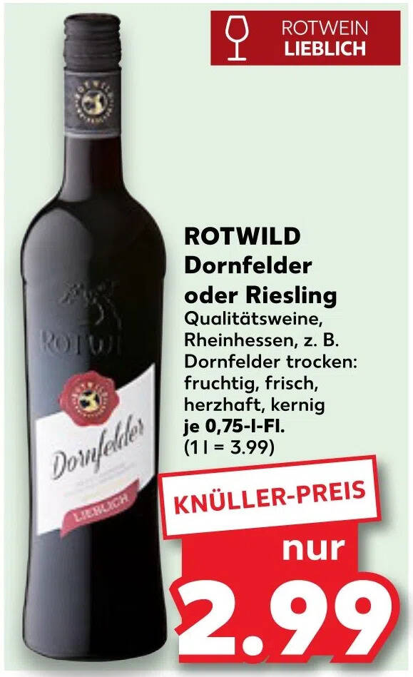 ROTWILD Dornfelder oder Riesling aanbieding bij Kaufland DE