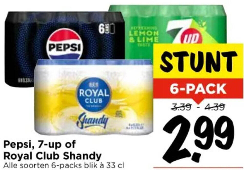 Pepsi, 7-up of Royal Club Shandy 6 x 33 cl aanbieding bij Vomar ...