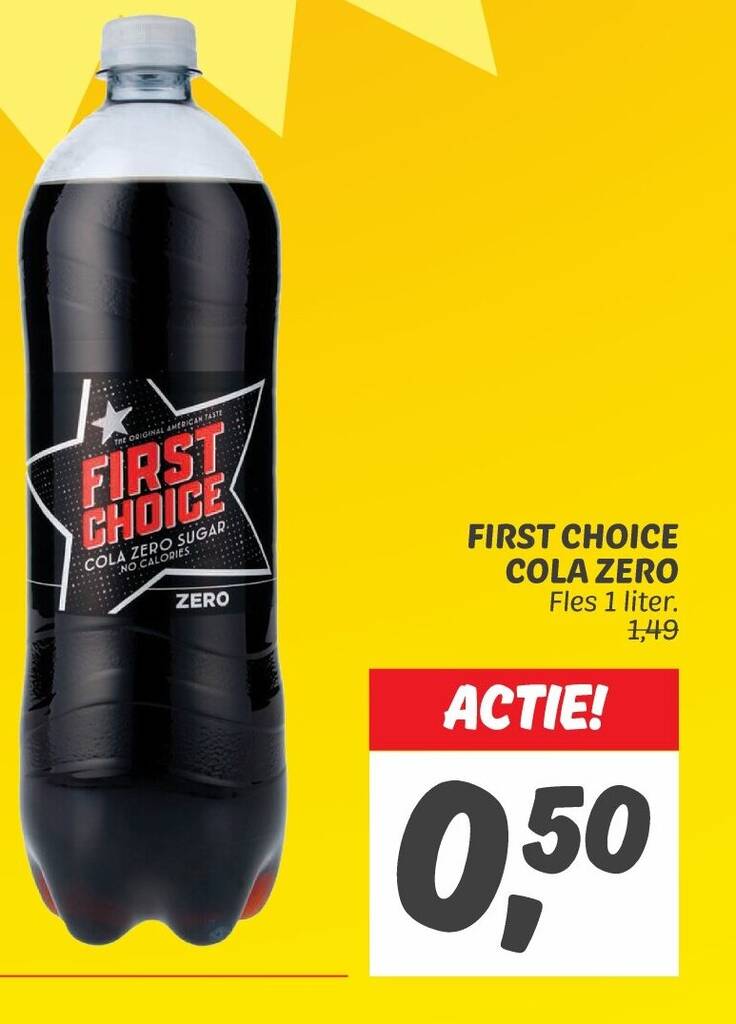 FIRST CHOICE COLA ZERO Fles 1 liter. aanbieding bij Dekamarkt