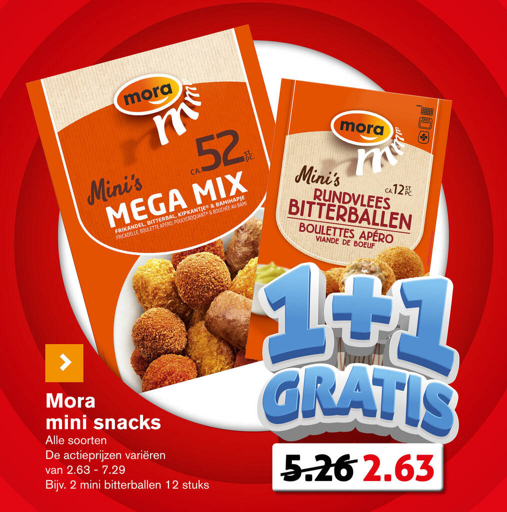 Mora mini snacks 1+1 Gratis aanbieding bij Hoogvliet