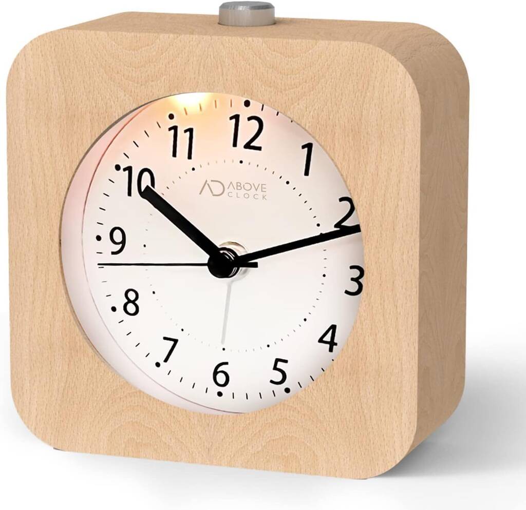 aboveClock Wekker analoog zonder tikken, houten wekker met snooze ...