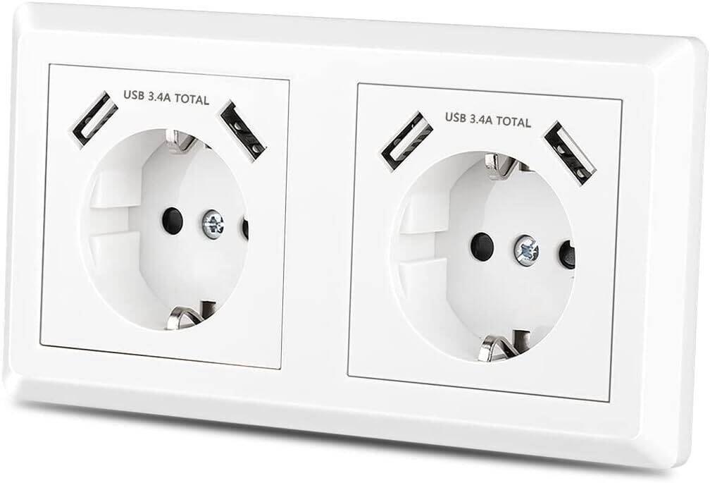 Sasudose USB-Stopcontact, 2 Stopcontacten met USB Schuko ...