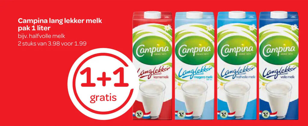 Campina lang lekker melk pak 1 liter 1+1 Gratis aanbieding bij Spar