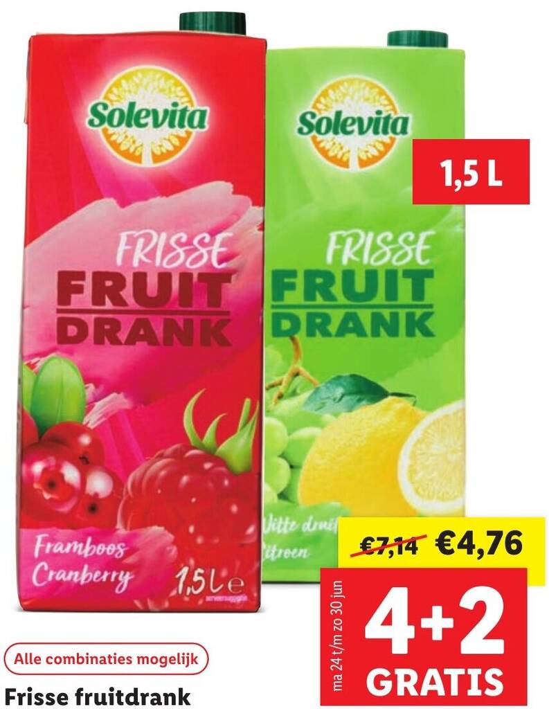 Frisse fruitdrank 1.5L 4+2 gratis aanbieding bij Lidl