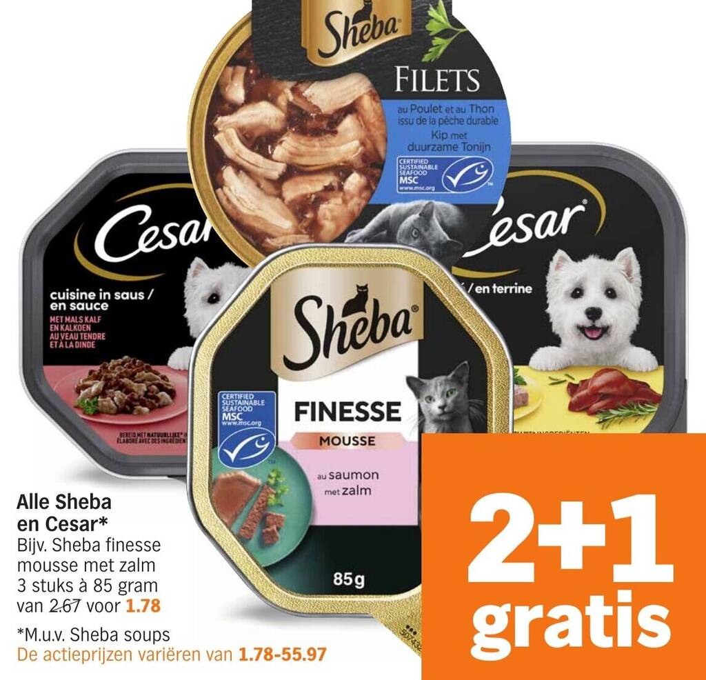 Alle Sheba en Cesar 85g 2+1 gratis aanbieding bij Albert Heijn