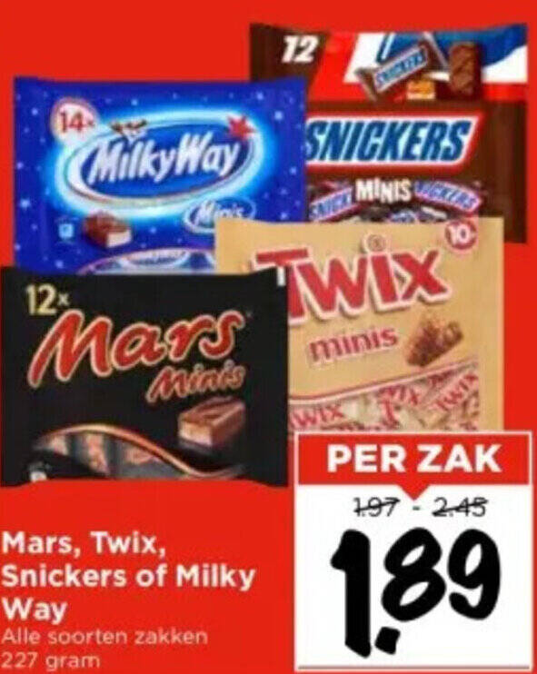 Mars, Twix, Snickers of Milky Way 227g aanbieding bij Vomar Voordeelmarkt