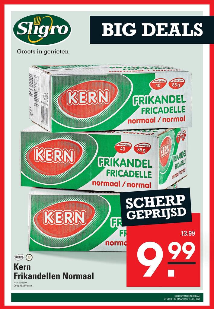 Kern Frikandellen Normaal Doos 40 x 85 gram aanbieding bij Sligro