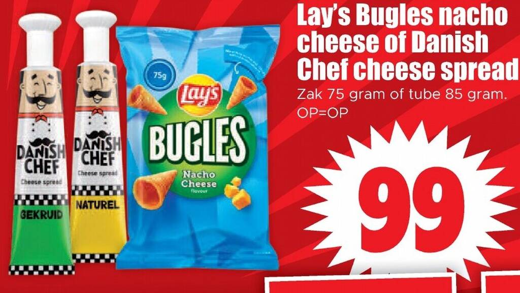 Lay's Bugles nacho cheese of Danish Chef cheese spread aanbieding bij Dirk