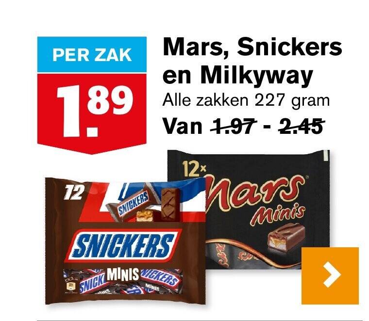 Mars, Snickers en Milkyway 227 gram aanbieding bij Hoogvliet