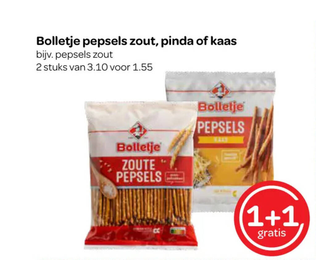 Bolletje pepsels zout, pinda of kaas 1+1 Gratis aanbieding bij Spar
