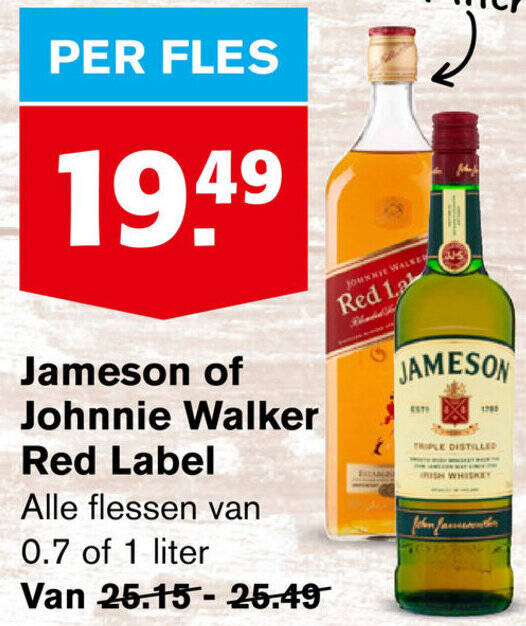 Jameson of johnnie walker red label per fles aanbieding bij Hoogvliet