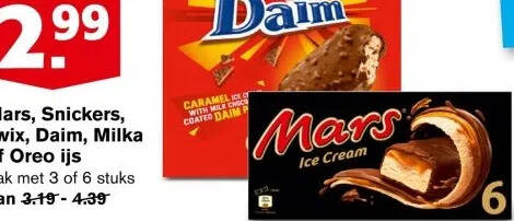 Mars, Snickers, Twix, Daim, Milka of Oreo ijs aanbieding bij Hoogvliet