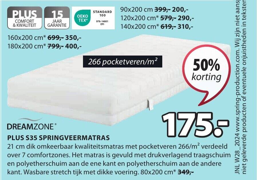 DREAMZONE PLUS S35 SPRINGVEERMATRAS 80x200 cm aanbieding bij Jysk