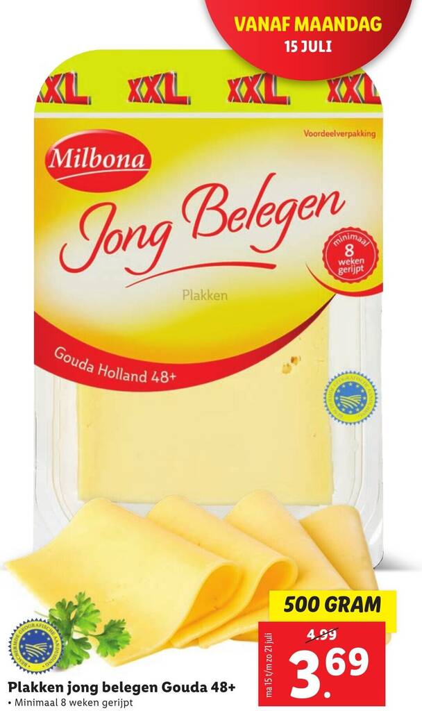 Plakken jong belegen Gouda 48+ 500 gram aanbieding bij Lidl