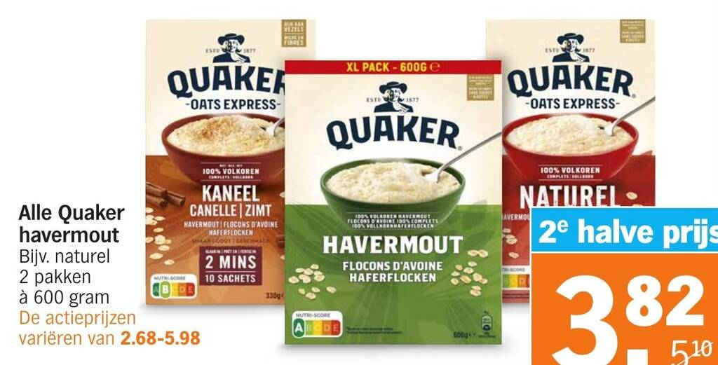 Alle Quaker havermout 600g aanbieding bij Albert Heijn