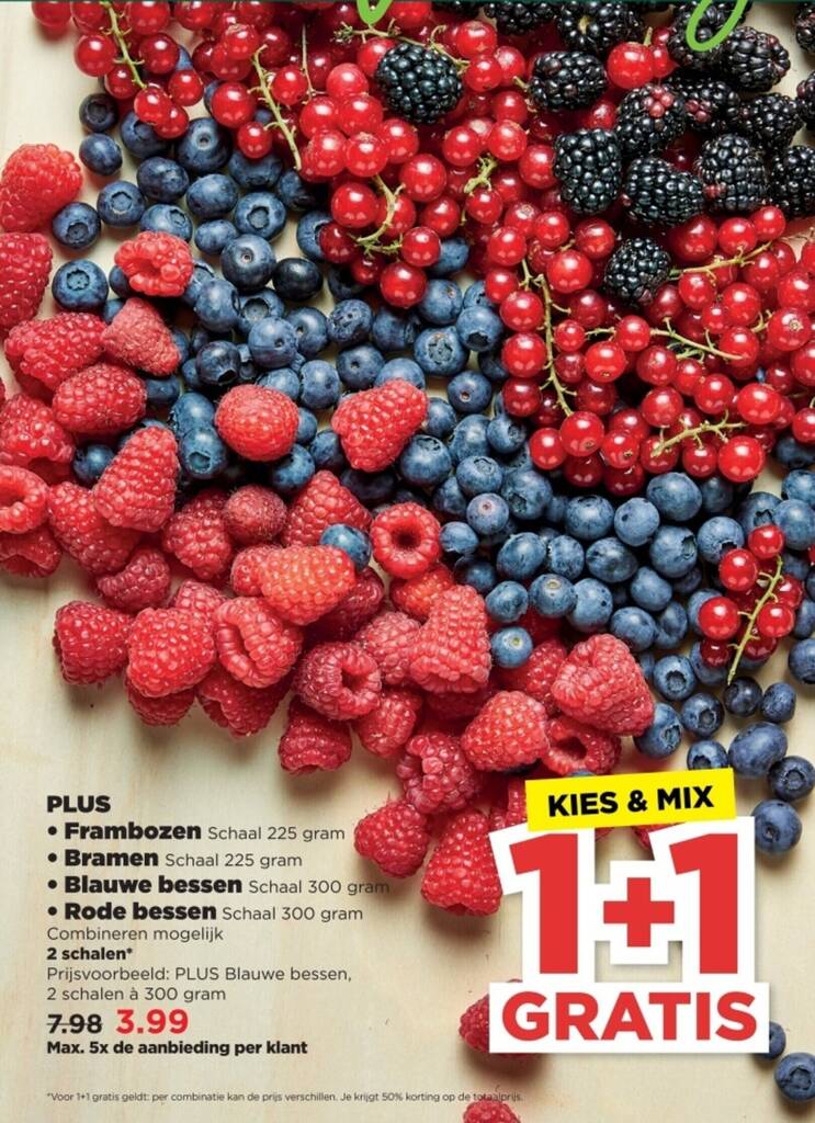 Frambozen 225 gram, Bramen 225 gram, Blauwe bessen 300 gram, Rode ...