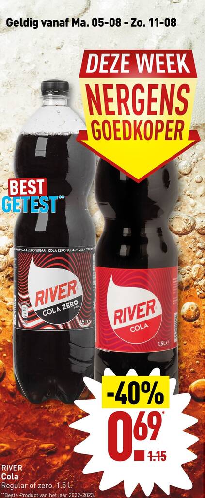 RIVER Cola Regular of zero. 1.5 l aanbieding bij ALDI