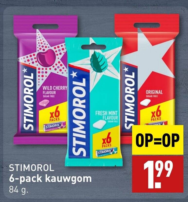 STIMOROL 6-pack kauwgom 84 g. aanbieding bij ALDI