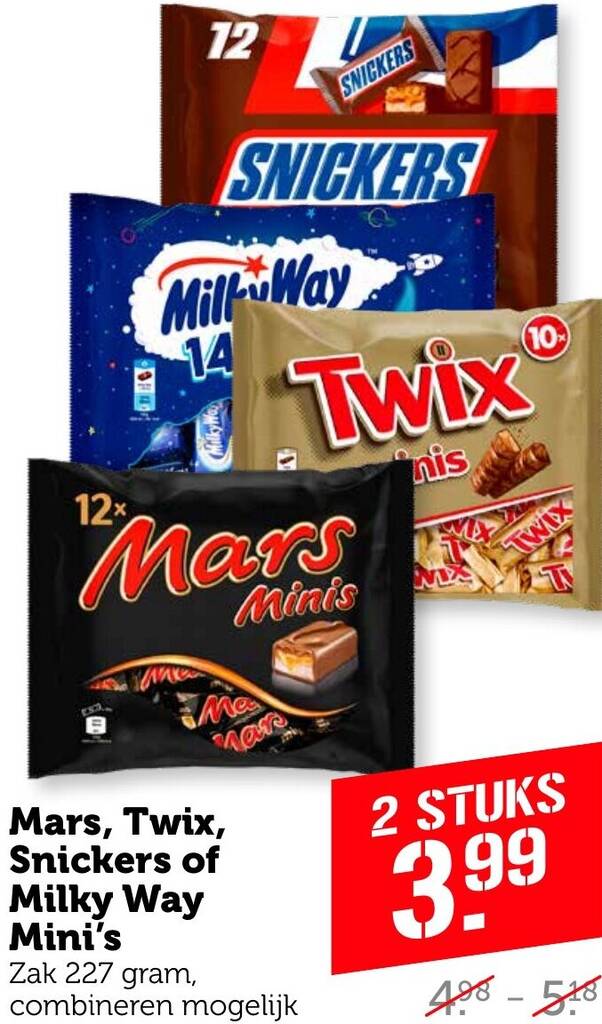Mars, Twix, Snickers of Milky Way Mini's 227g aanbieding bij Coop