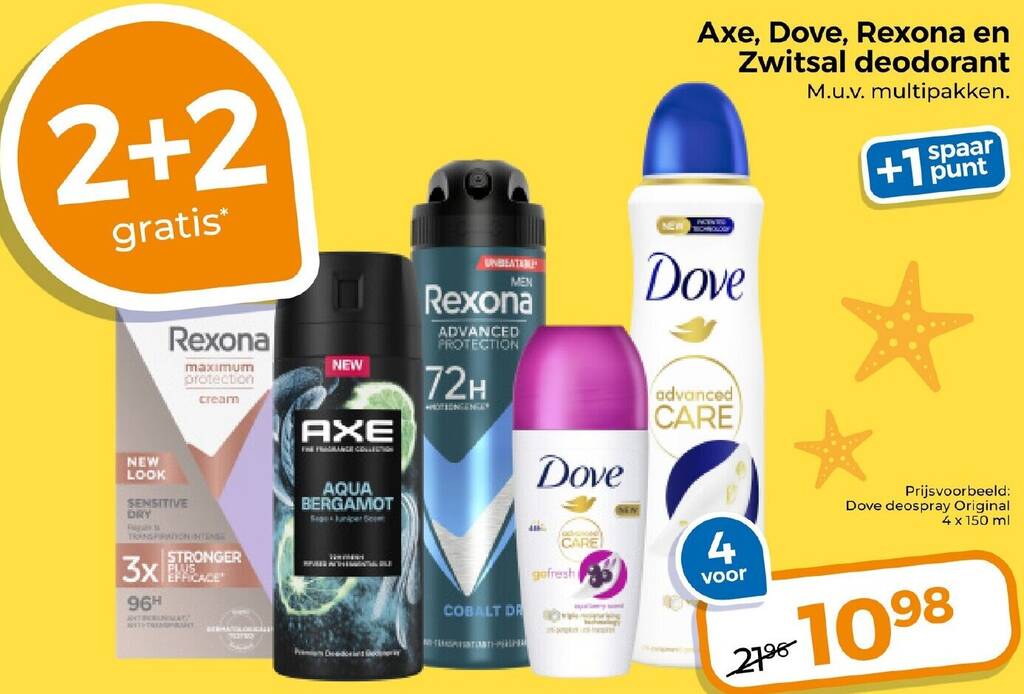 Axe, Dove, Rexona en Zwitsal deodorant 150ml 2+2 gratis aanbieding bij ...