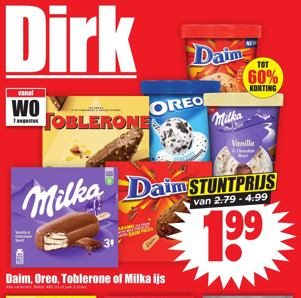 Daim, Oreo, Toblerone of Milka ijs aanbieding bij Dirk