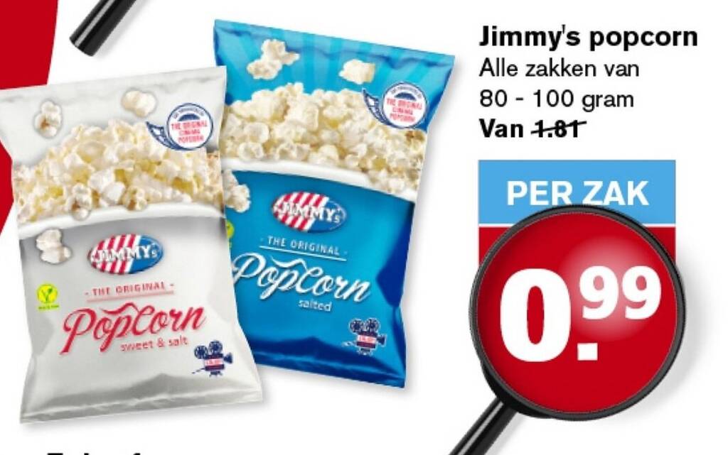 Jimmy's popcorn 80-100 gram aanbieding bij Hoogvliet