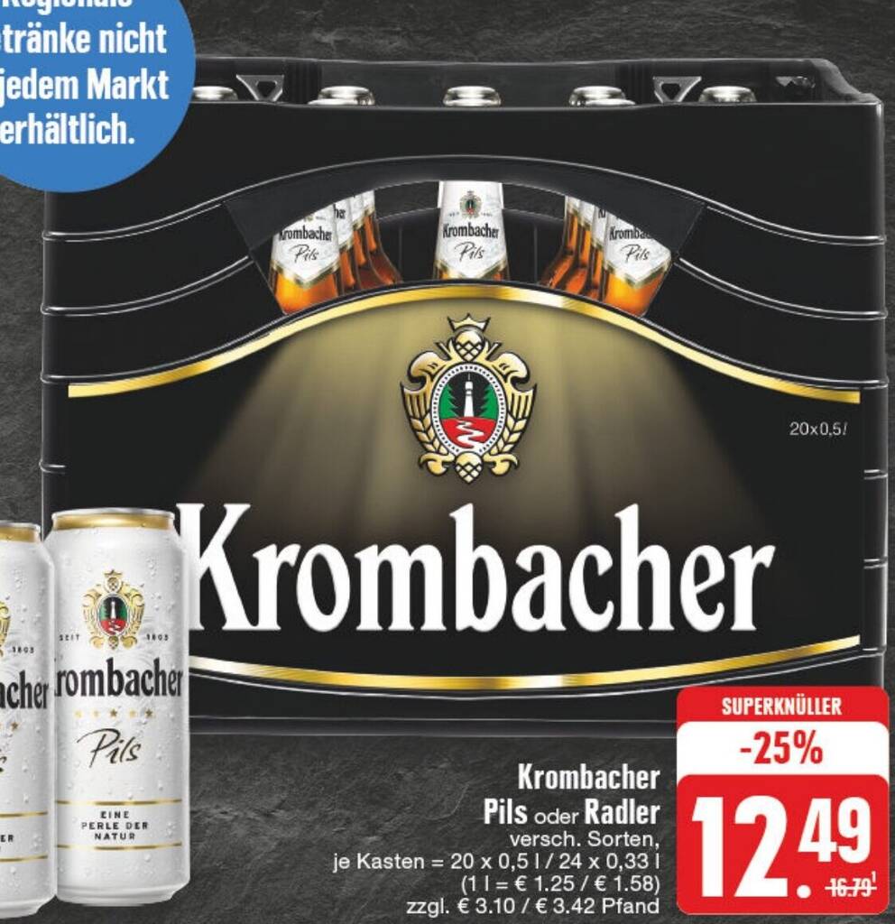 Krombacher Pils oder Radler 20 x 0.5L / 24 x 0.33L aanbieding bij Edeka DE