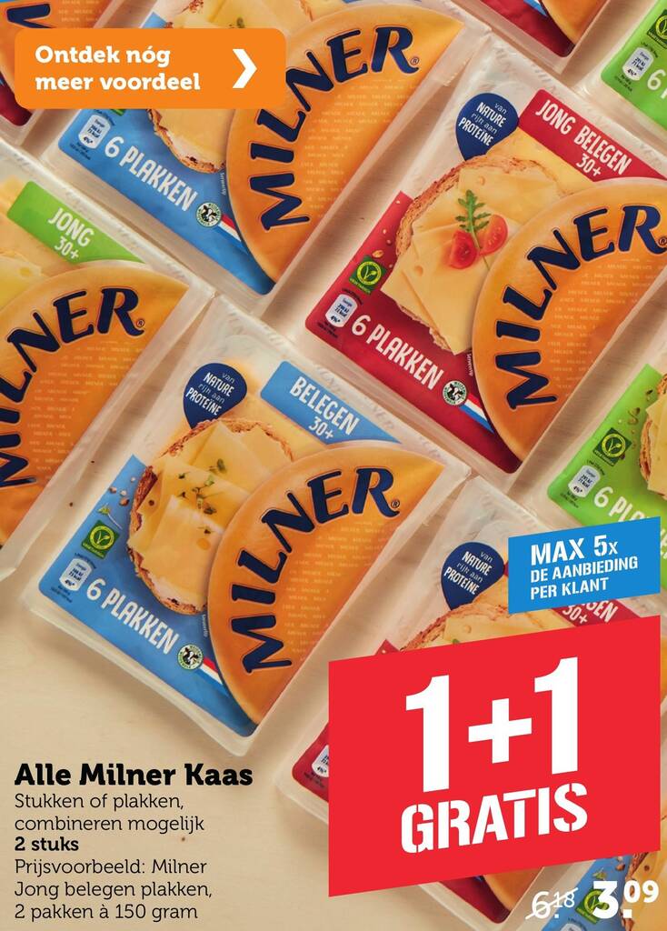 Alle Milner Kaas 150g 1+1 gratis aanbieding bij Coop