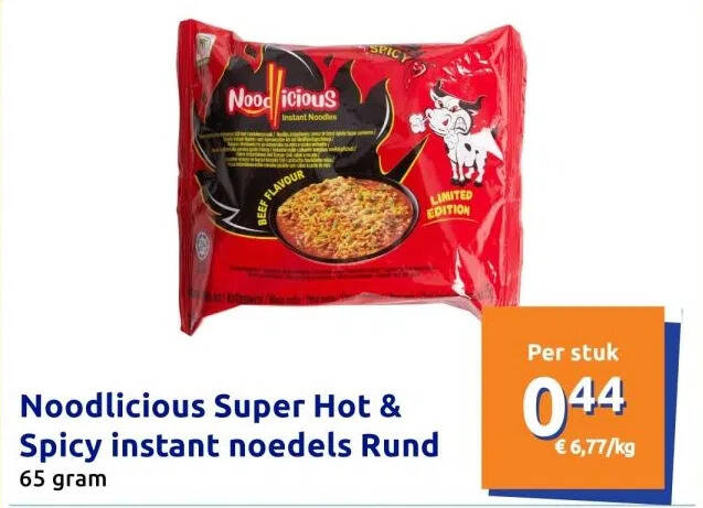 Noodlicious Super Hot & Spicy instant noedels Rund aanbieding bij Action
