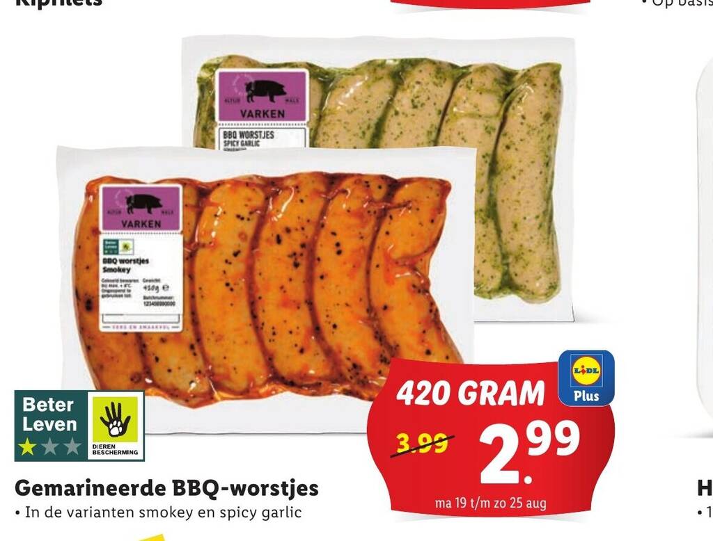 Gemarineerde BBQ worstjes 420 GRAM aanbieding bij Lidl