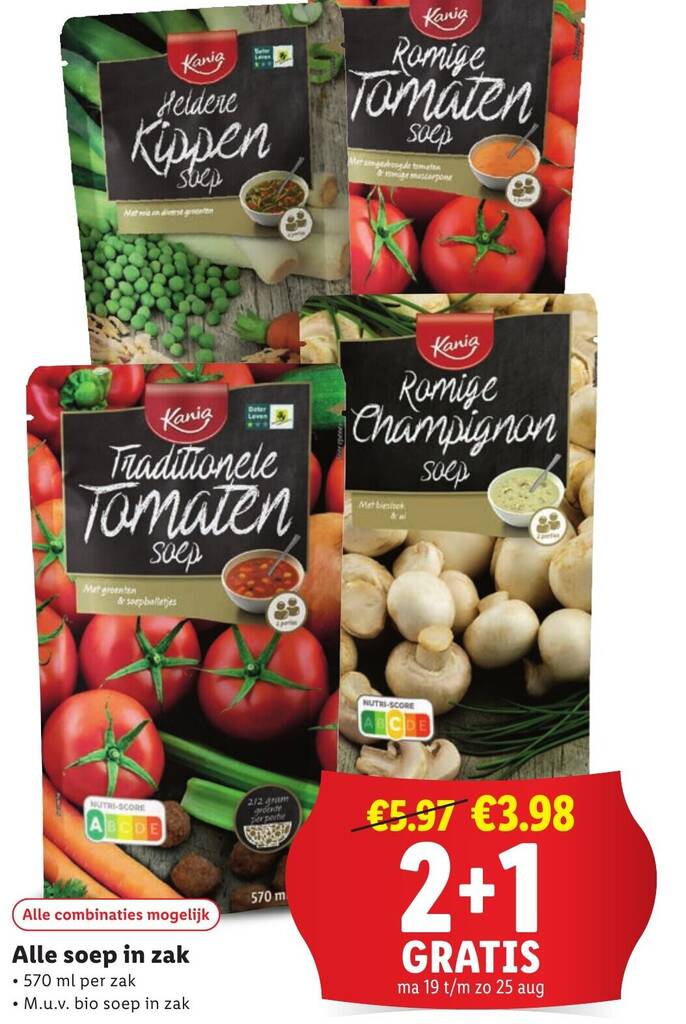 Alle soep in zak 570 ml 2+1 GRATIS aanbieding bij Lidl
