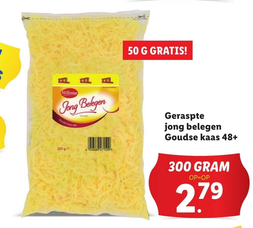 Geraspte jong belegen Goudse kaas 48+ 300 GRAM aanbieding bij Lidl