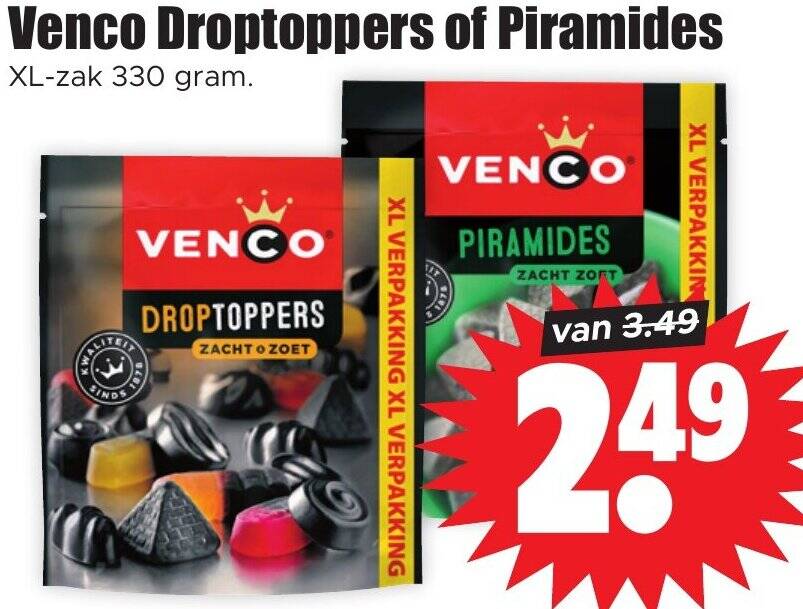 Venco Droptoppers of Piramides 300g aanbieding bij Dirk