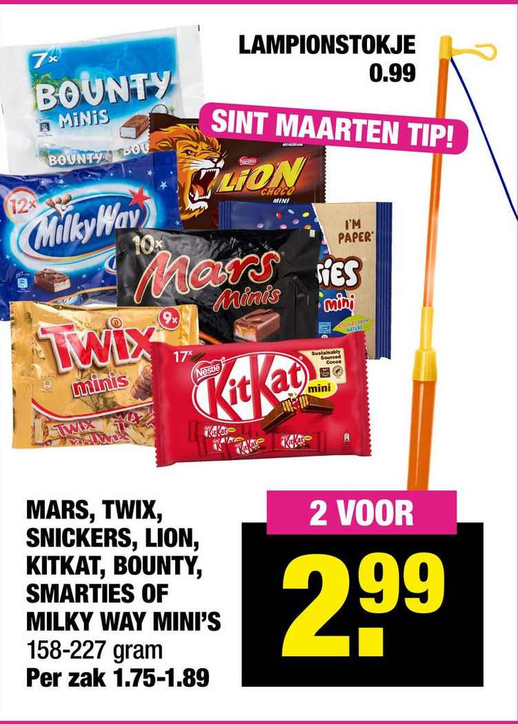 MARS , TWIX, SNICKERS, LION, KITKAT, BOUNTY, SMARTIES OF MILKY WAY MINI ...
