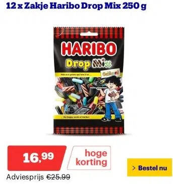 12 x Zakje Haribo Drop Mix 250 g aanbieding bij Bol.com