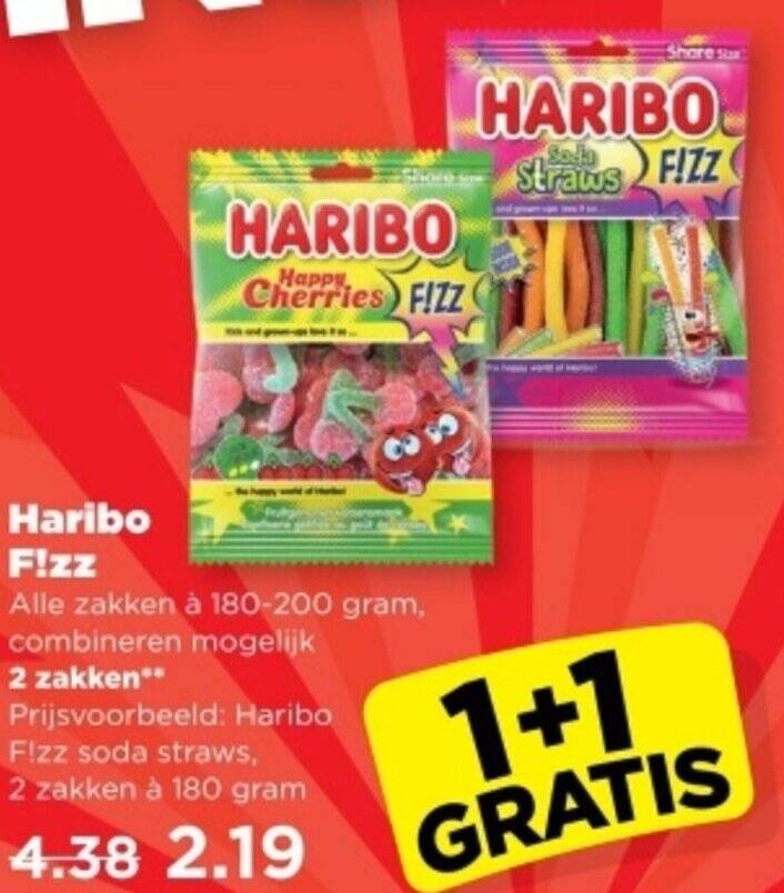 Haribo F!zz 180-200 gram 1+1 GRATIS aanbieding bij PLUS